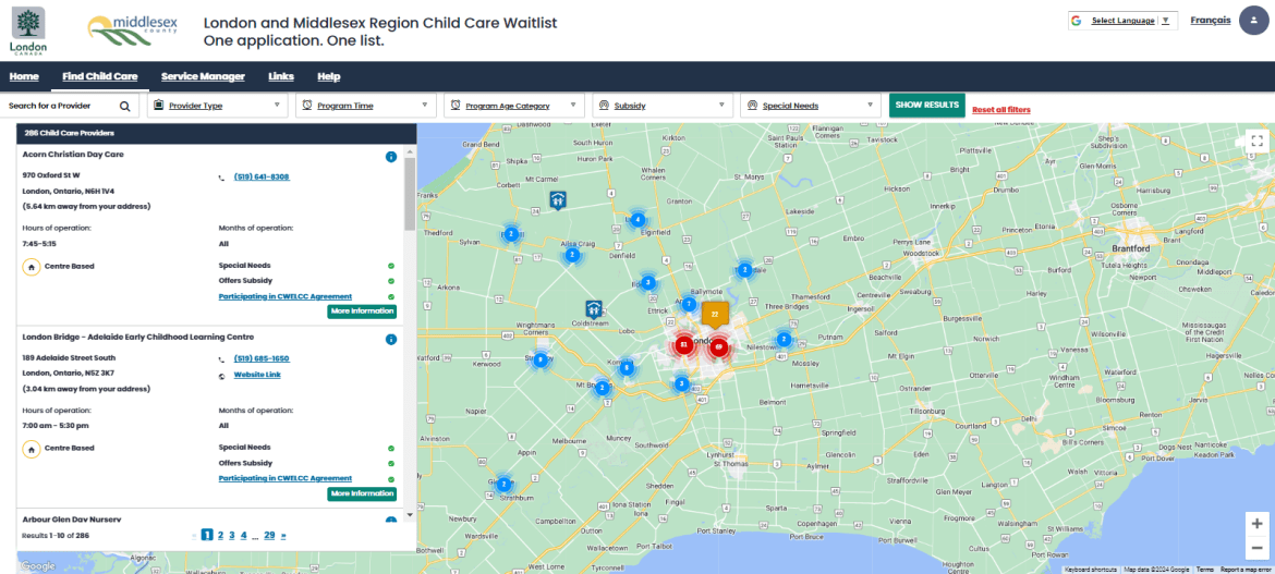 Middlesex and London Child Care Waitlist (OneHSN) | Middlesex County